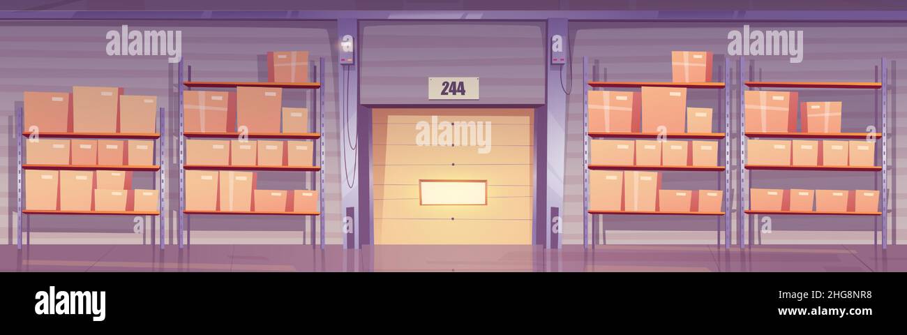 Warehouse store interior, logistics, cargo and goods delivery postal ...