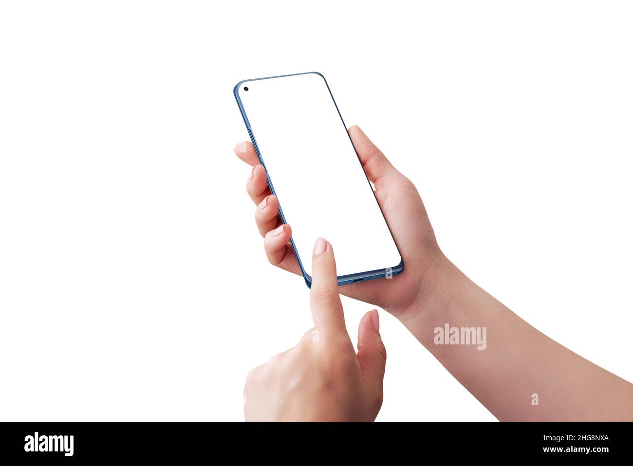 Modern smart phone in woman hands. Left hand touch screen concept ...