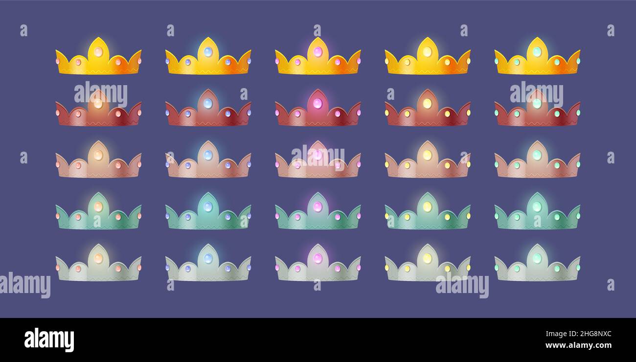 Game icons of royal crowns with gem different color. Vector cartoon set ...
