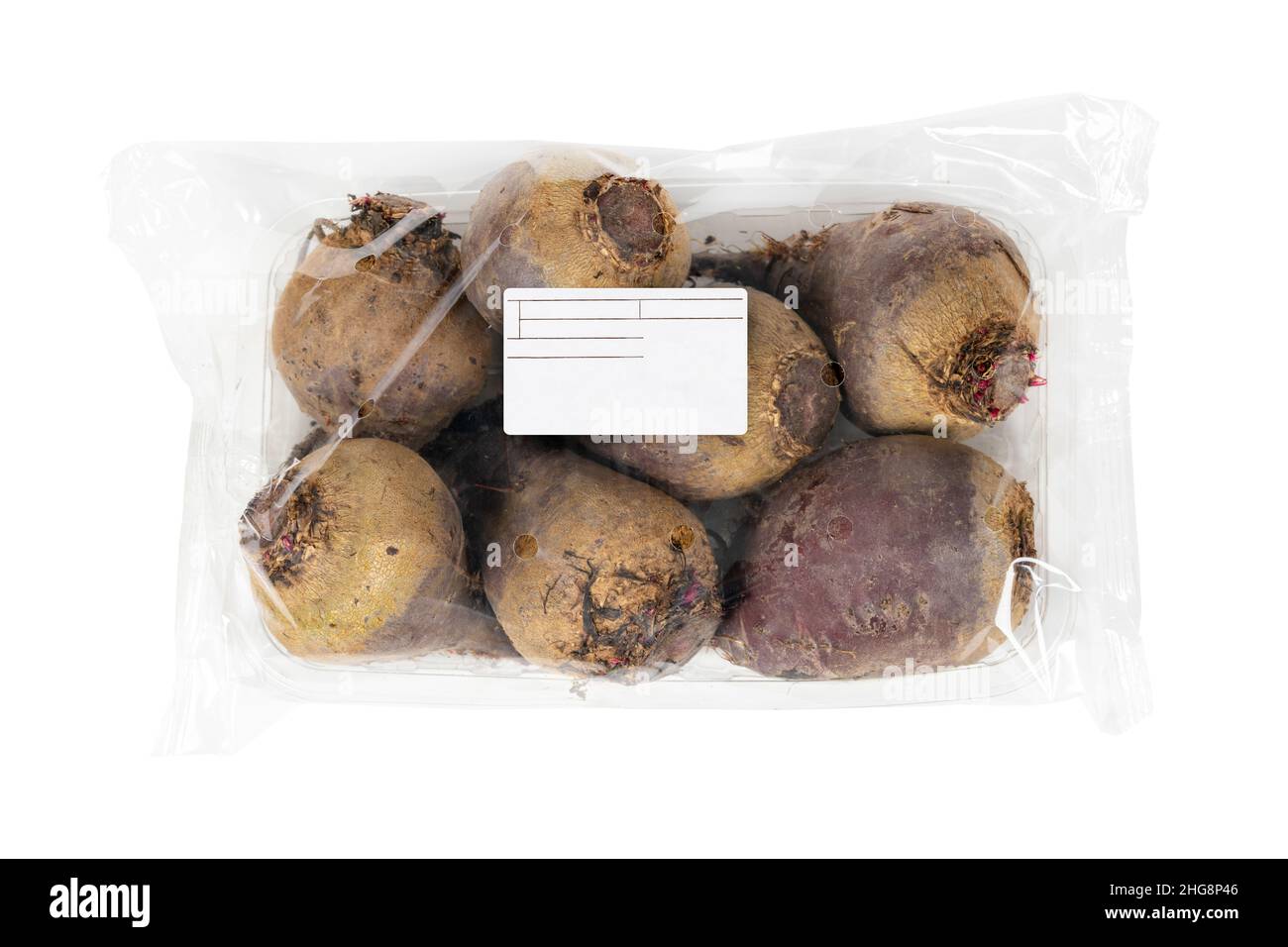 Freshly harvested root beetroot packed and labeled on isolated white ...