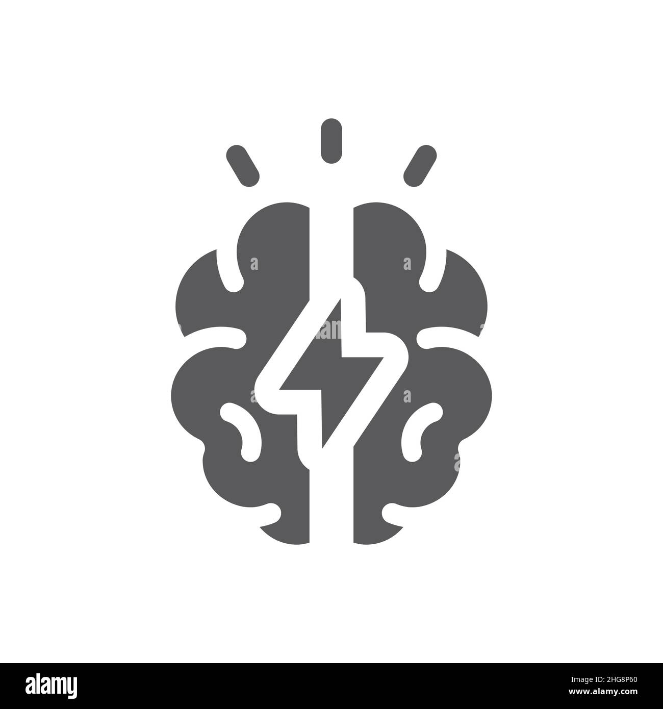 Brain and lightning bolt black vector icon. Brainstorm filled symbol ...
