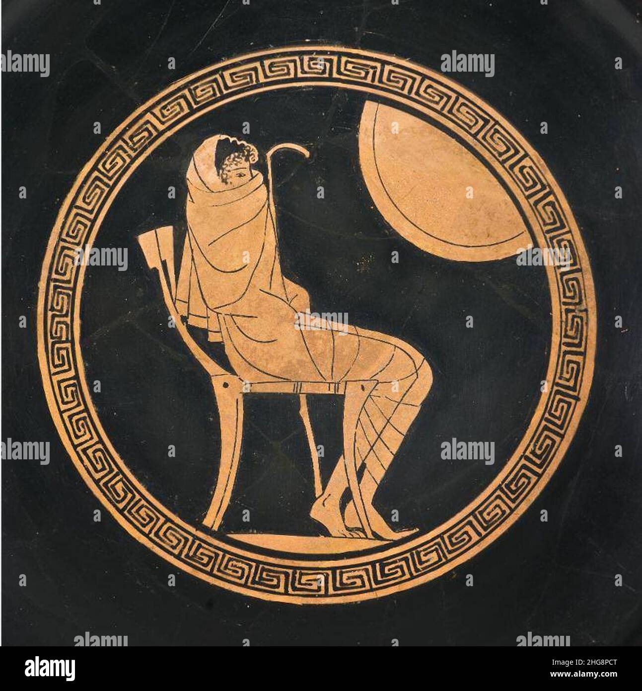 Sitting Achilles wrapped in a himation, depicted on a greek kylix from ...