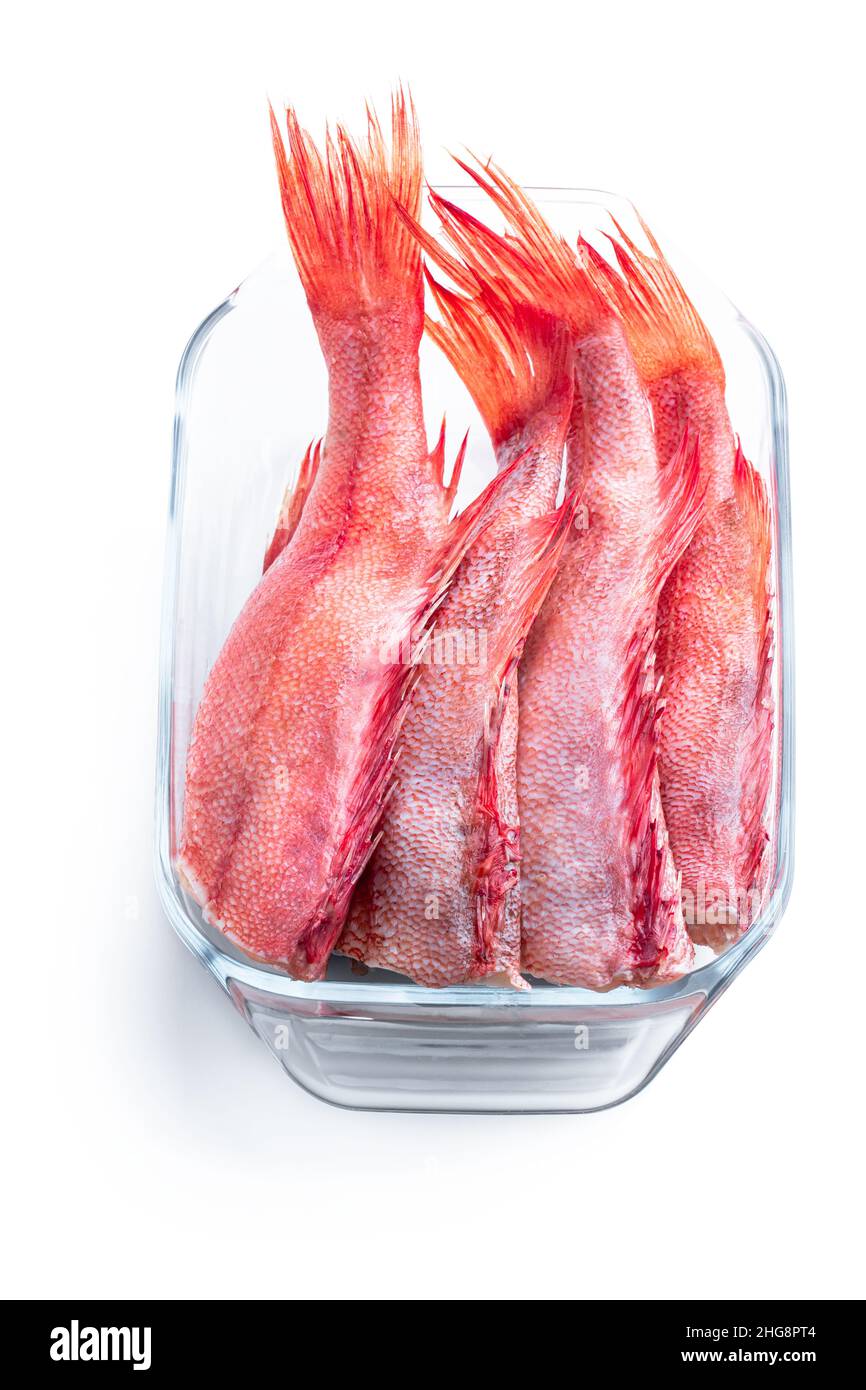 Raw headless gutted redfish in glass bowl isolated on white Stock Photo ...