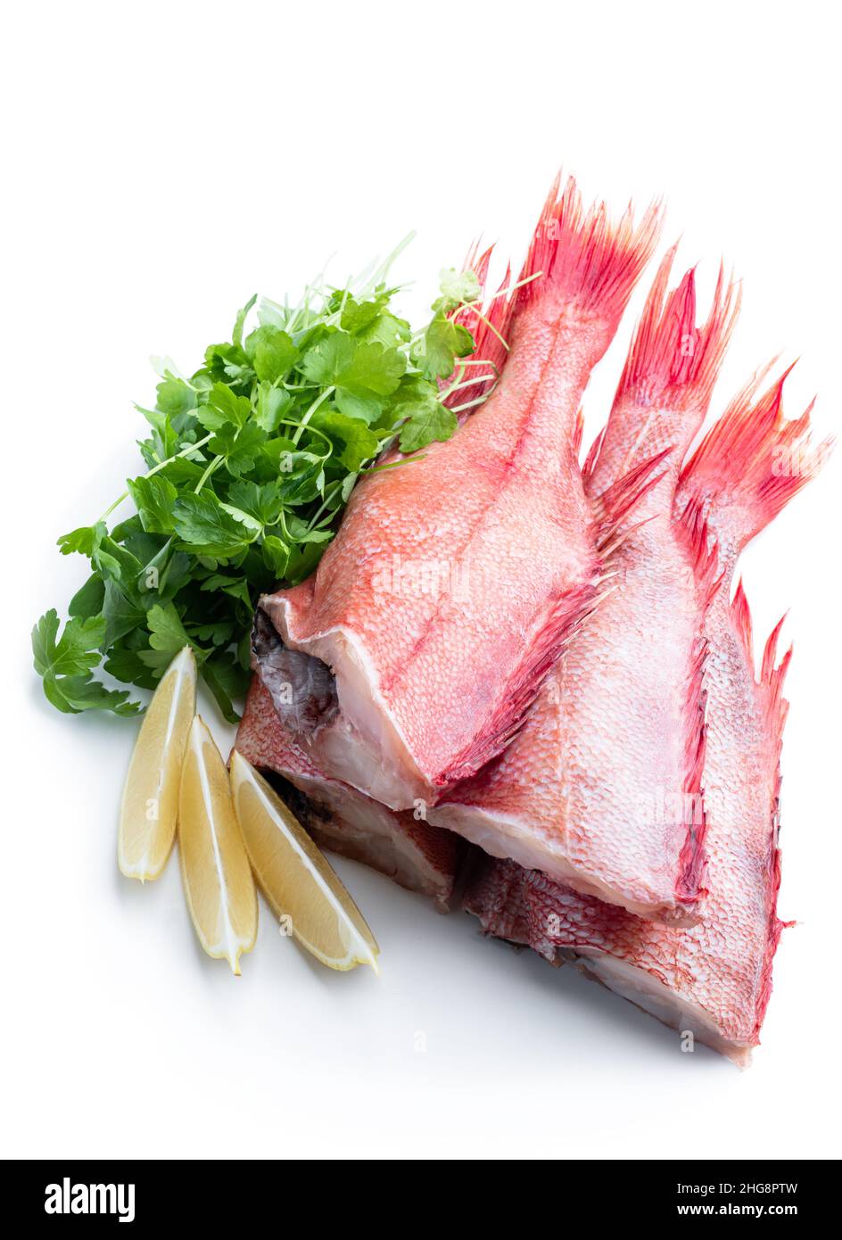 Raw headless gutted redfish with herbs and lemon isolated on white ...