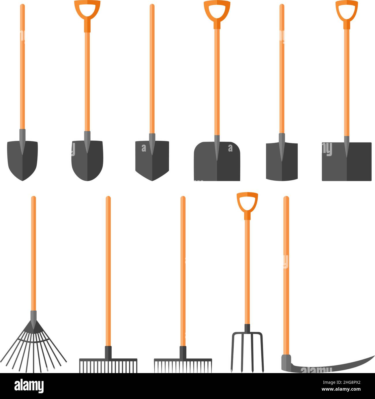 Set of garden tools (shovel, rake, fork, scythe), vector illustration ...