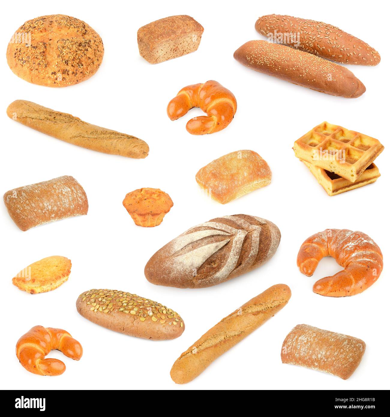 Diverse set fresh and healthy bread products isolated on white ...
