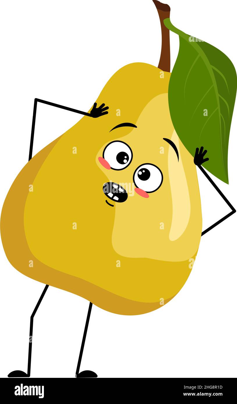 Pear character with emotions in panic grabs his head, surprised face ...
