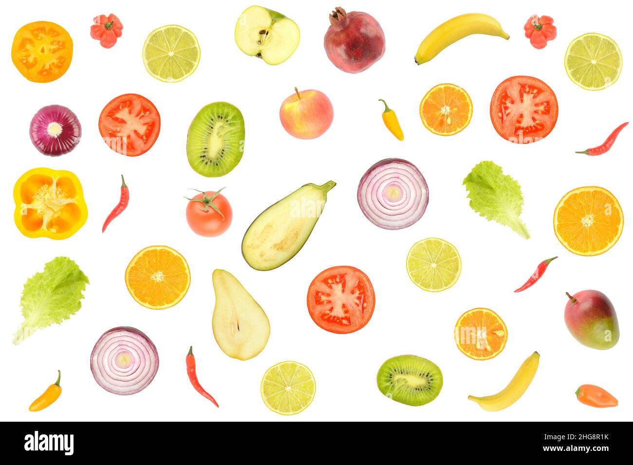 Delicious pattern of whole and cut vegetables and fruits isolated on ...