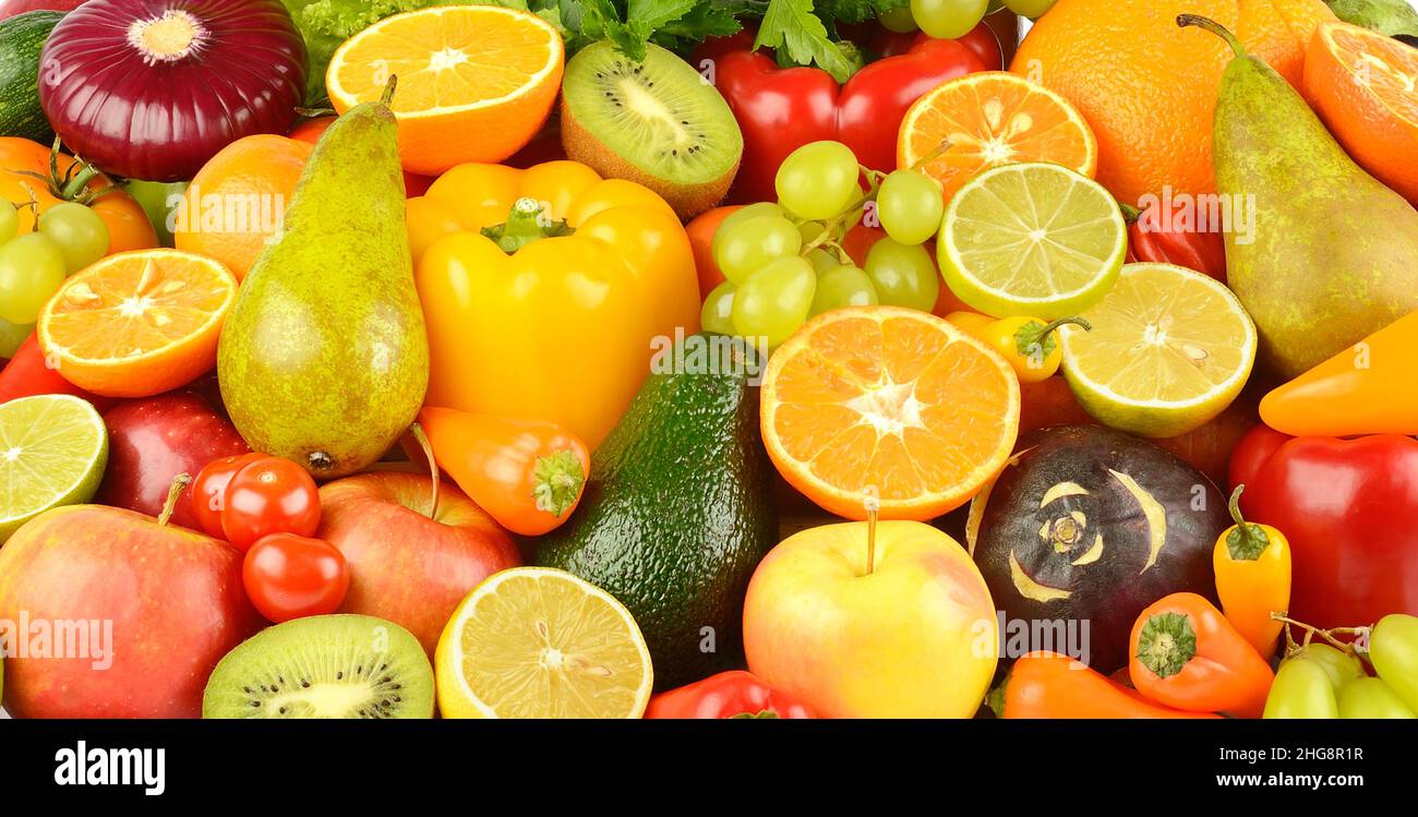 Collection of multi-colored bright fruits and vegetables. Natural ...