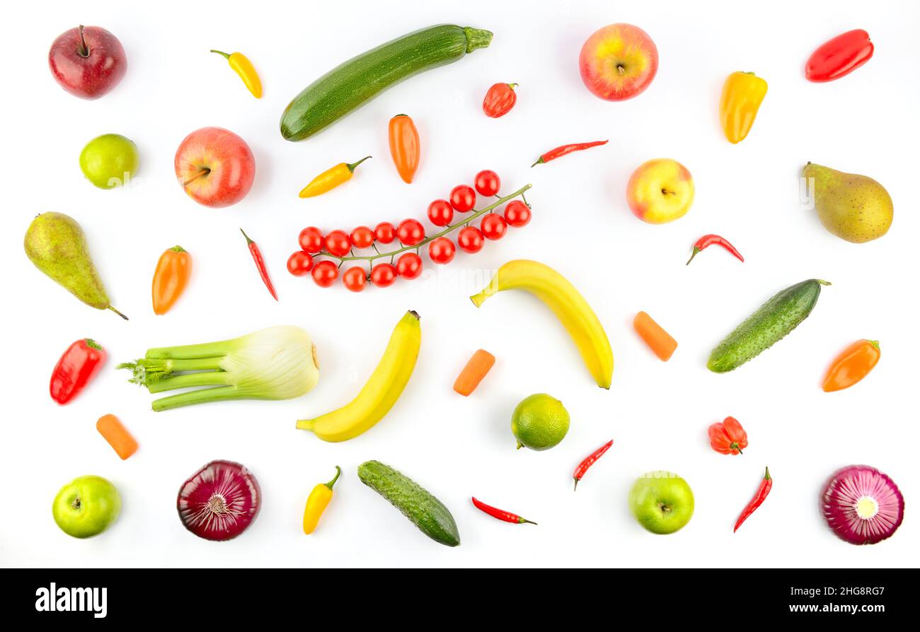 Delicious pattern of vegetables and fruits isolated on white background ...