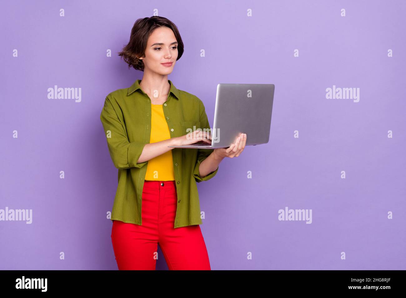Profile side photo of young girl chat type laptop report economist ...