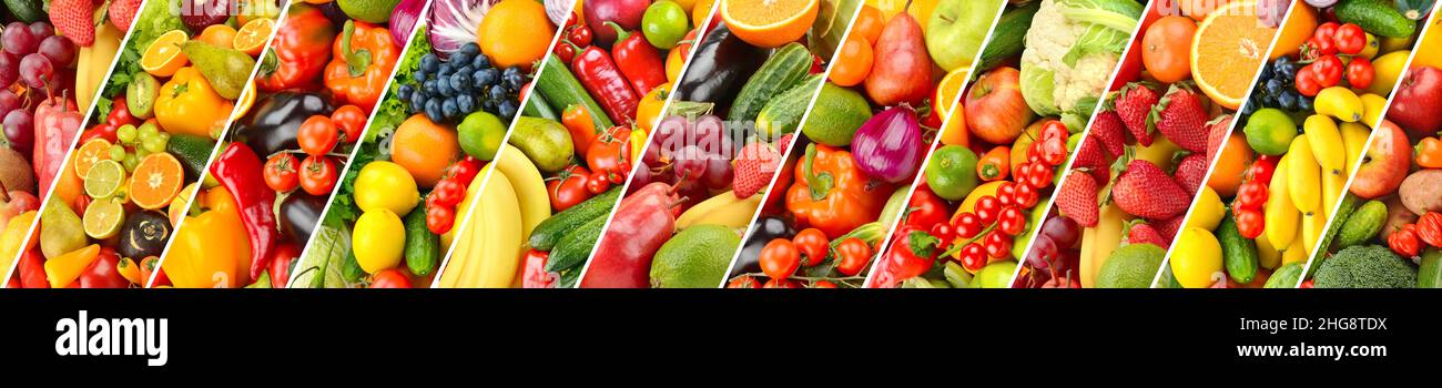 Collage fresh bright vegetables and fruits separated slanted lines ...