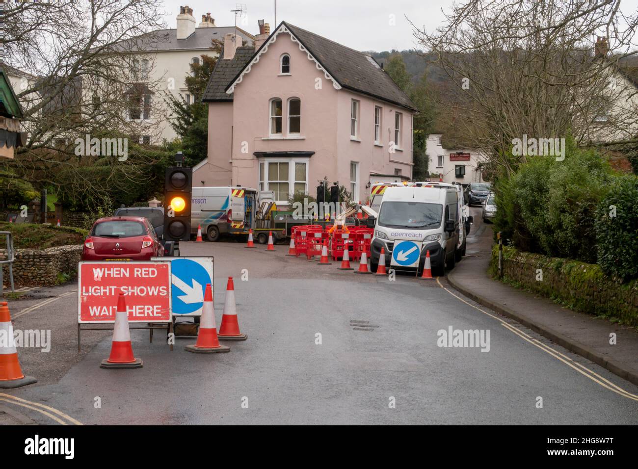 BT British Telecom Openreach traffic control at roadworks during work ...
