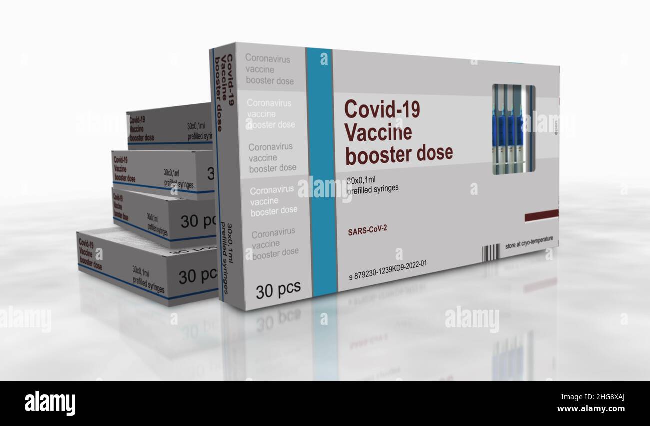 Covid-19 vaccine booster dose pack production. Coronavirus sars-cov-2 ...