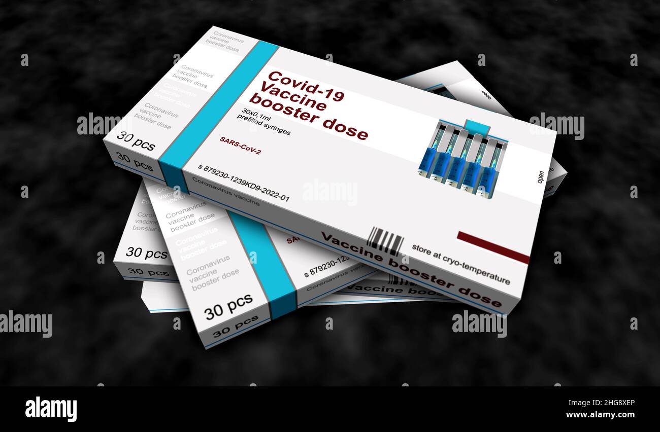 Covid-19 vaccine booster dose pack production. Coronavirus sars-cov-2 ...