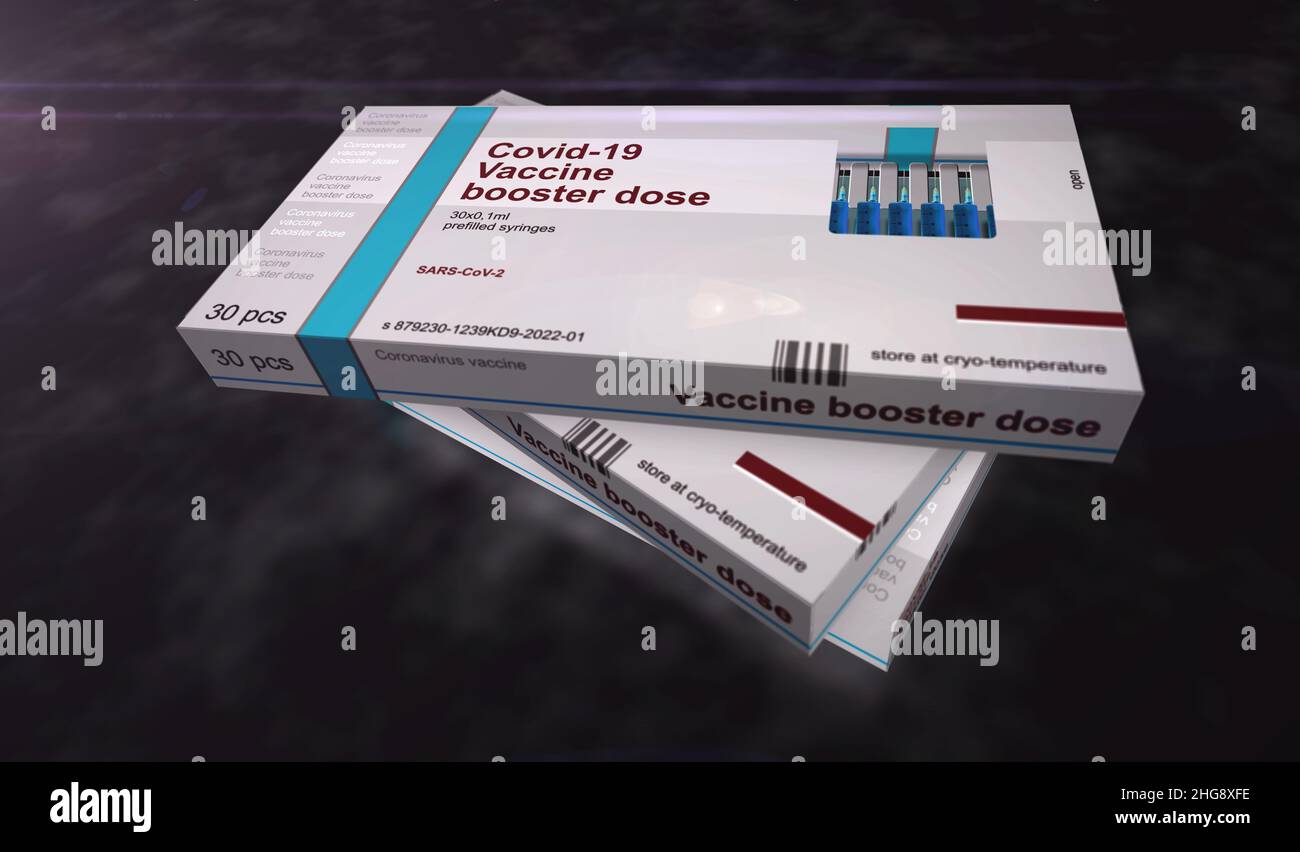 Covid-19 vaccine booster dose pack production. Coronavirus sars-cov-2 ...