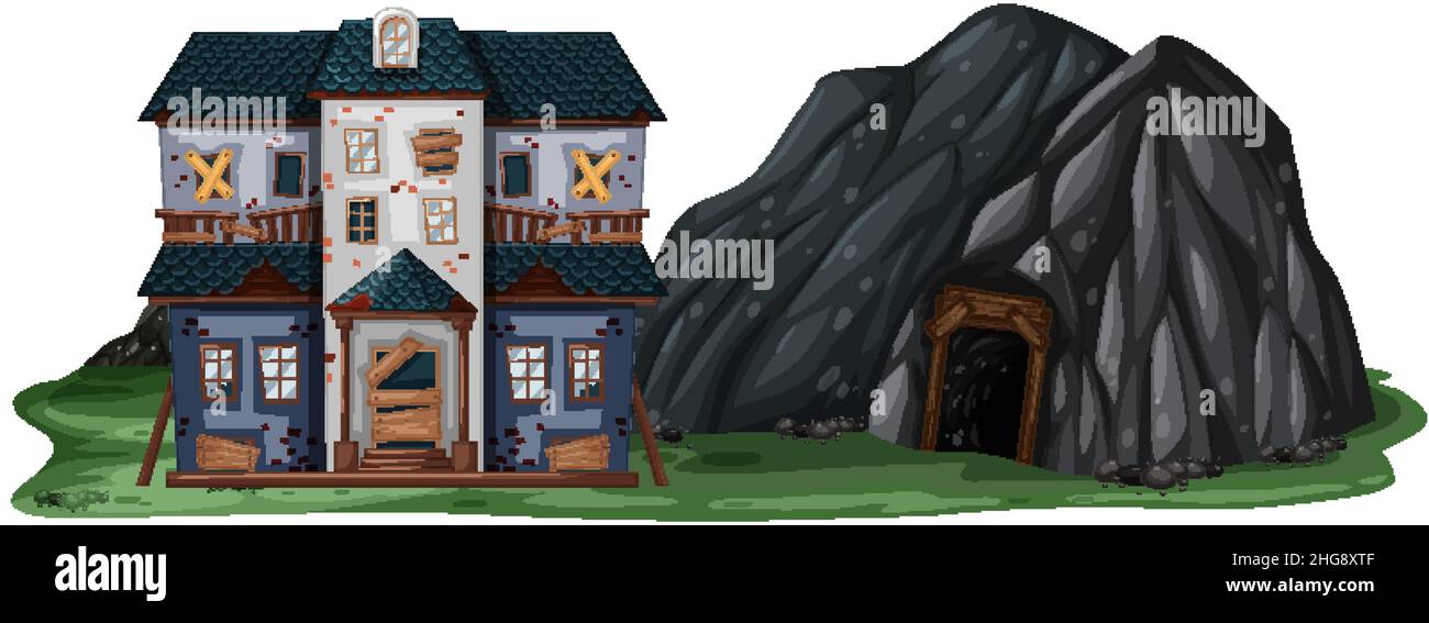 An abandoned house with a rock cave on white background illustration ...