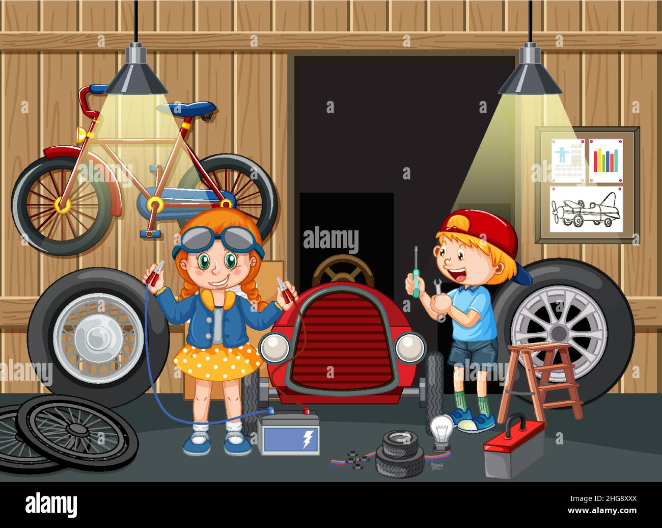 Children repairing a car together in the garage illustration Stock ...