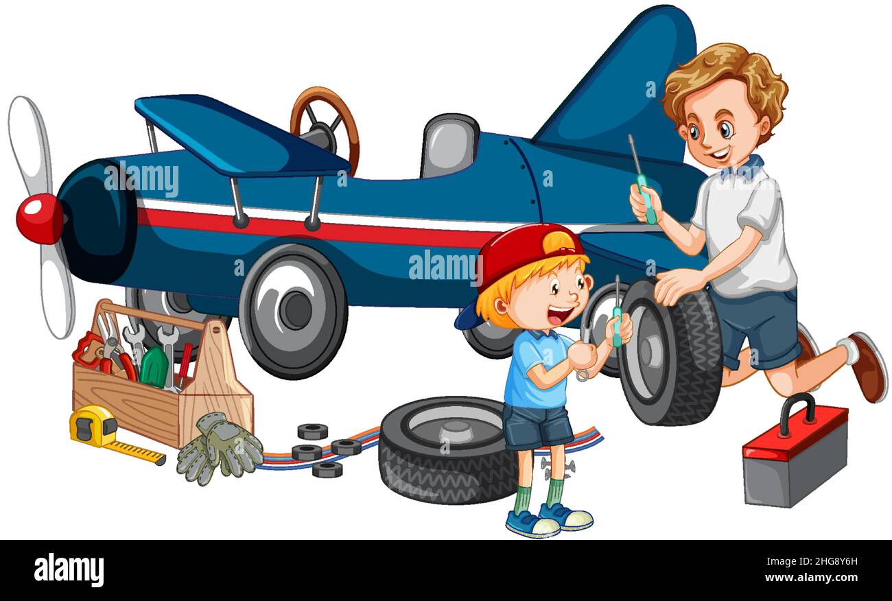 Dad and son repairing a plane together illustration Stock Vector Image ...