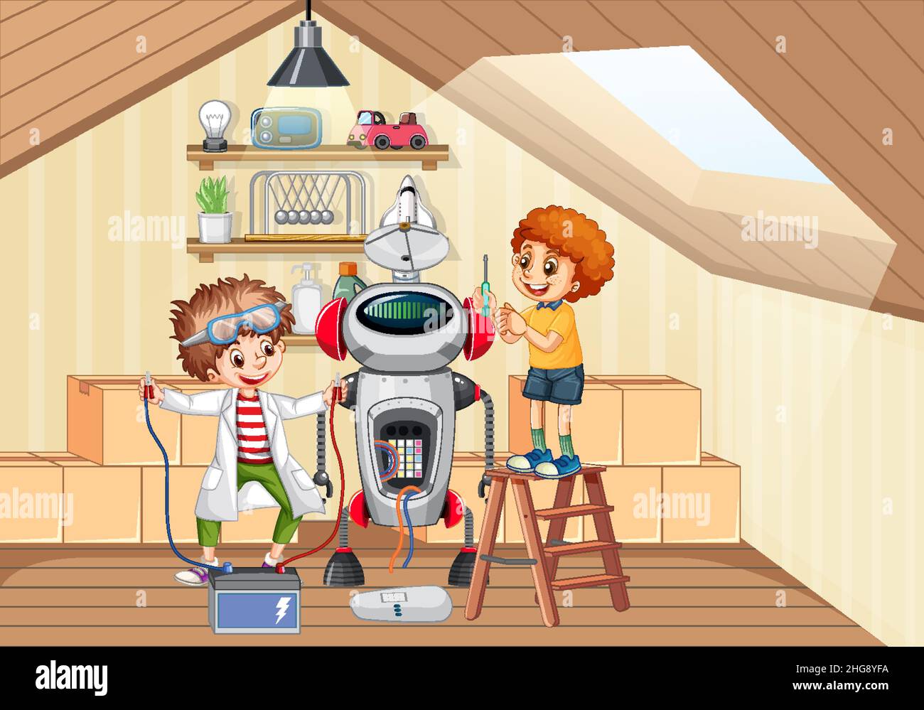 Children fixing a robot together in the room scene illustration Stock ...