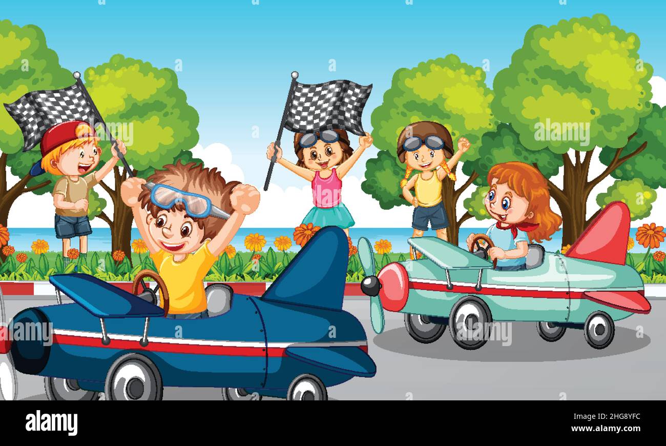 Outdoor scene with children racing car illustration Stock Vector Image ...