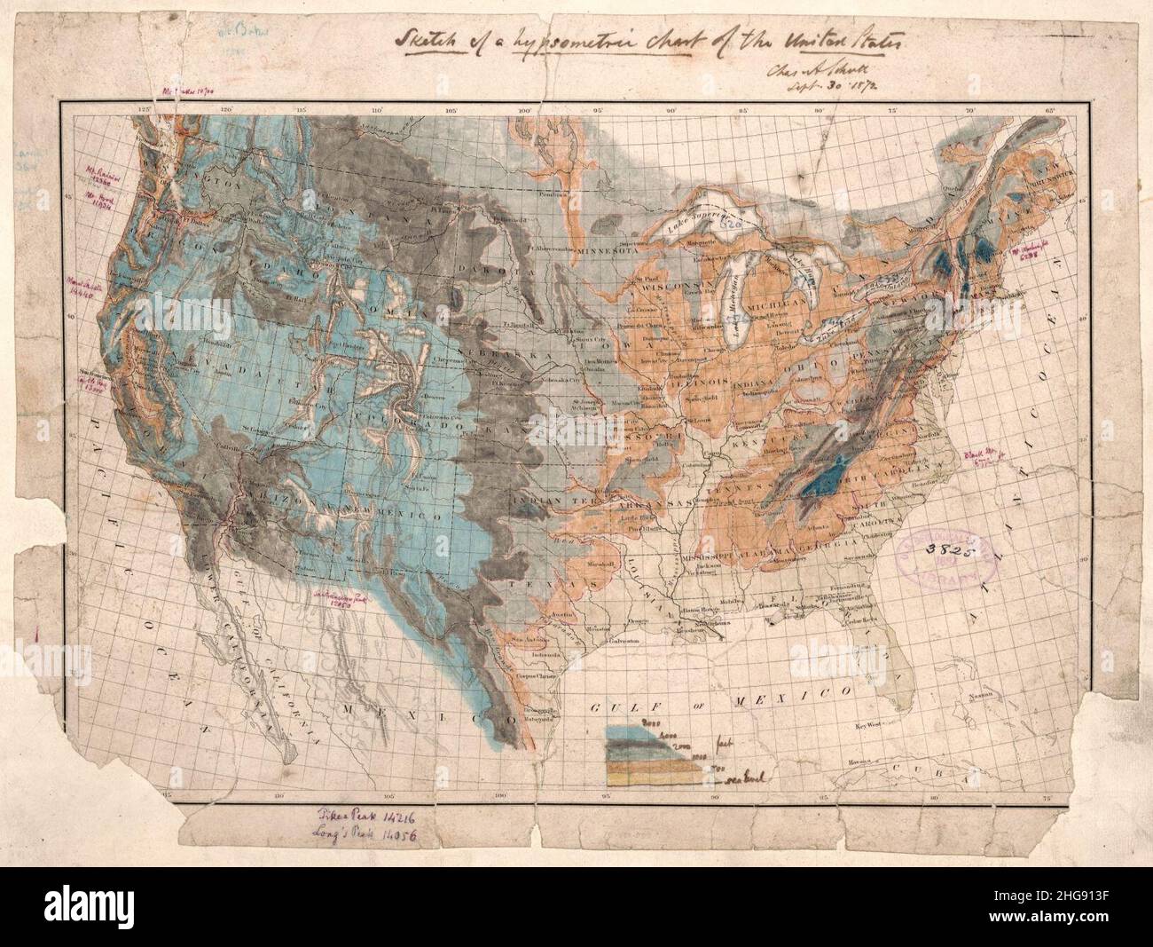 Sketch of a hypsometric chart of the United States Stock Photo - Alamy