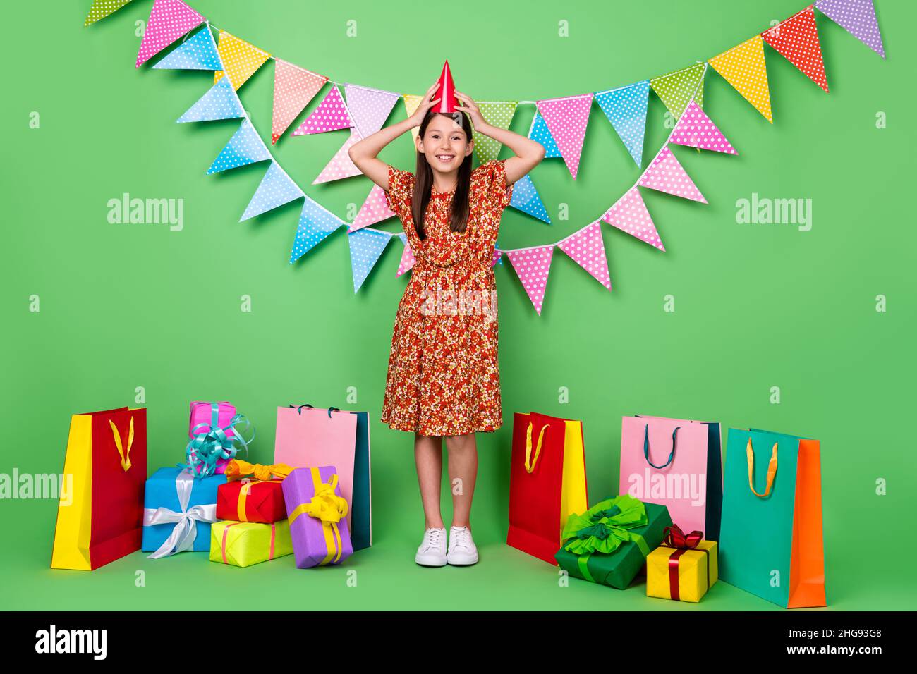 Full length body size view of attractive cheery girl having fun good ...