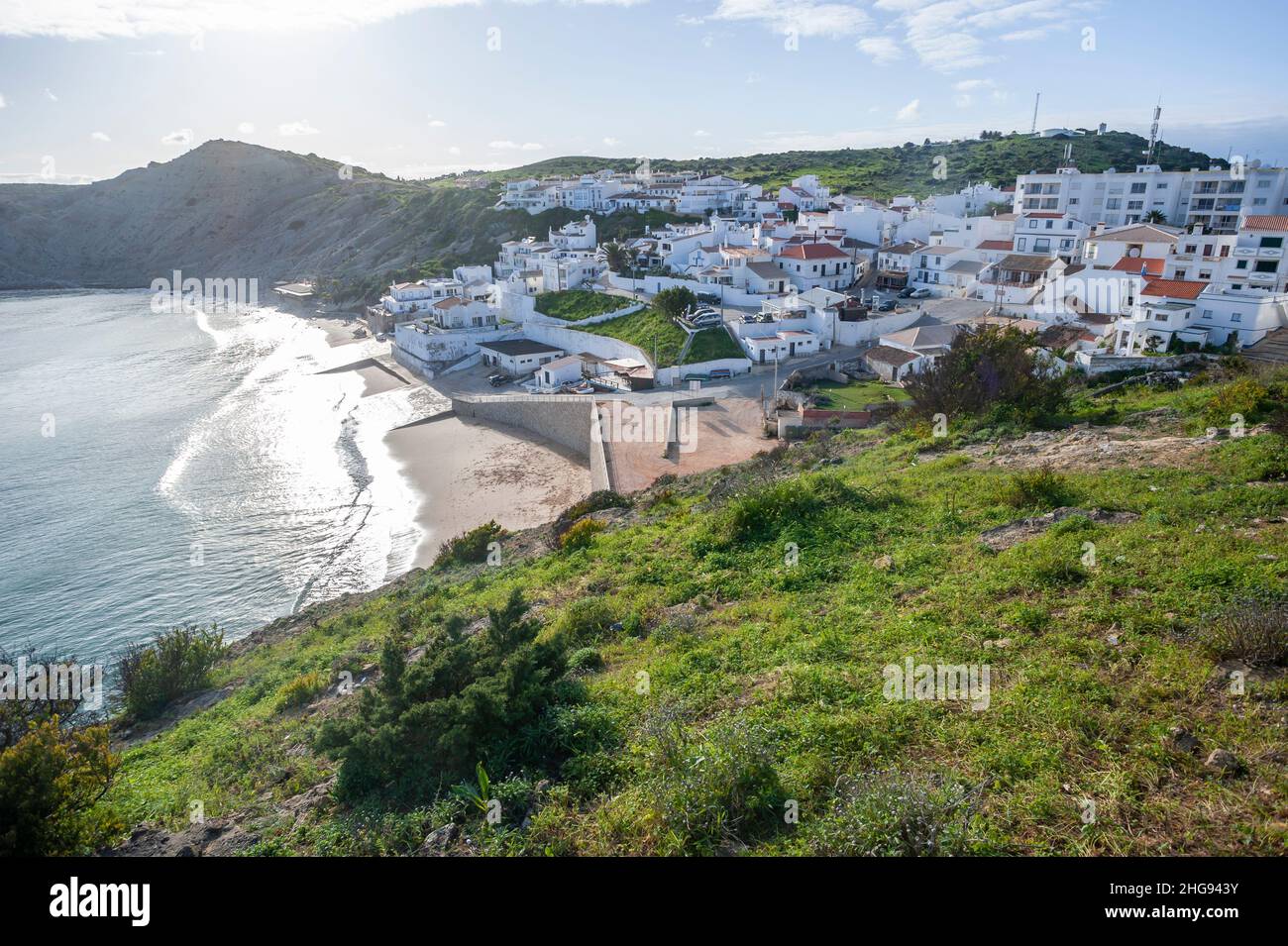 Village view with coastal landscape, Burgau, Algarve, Portugal, Europe ...