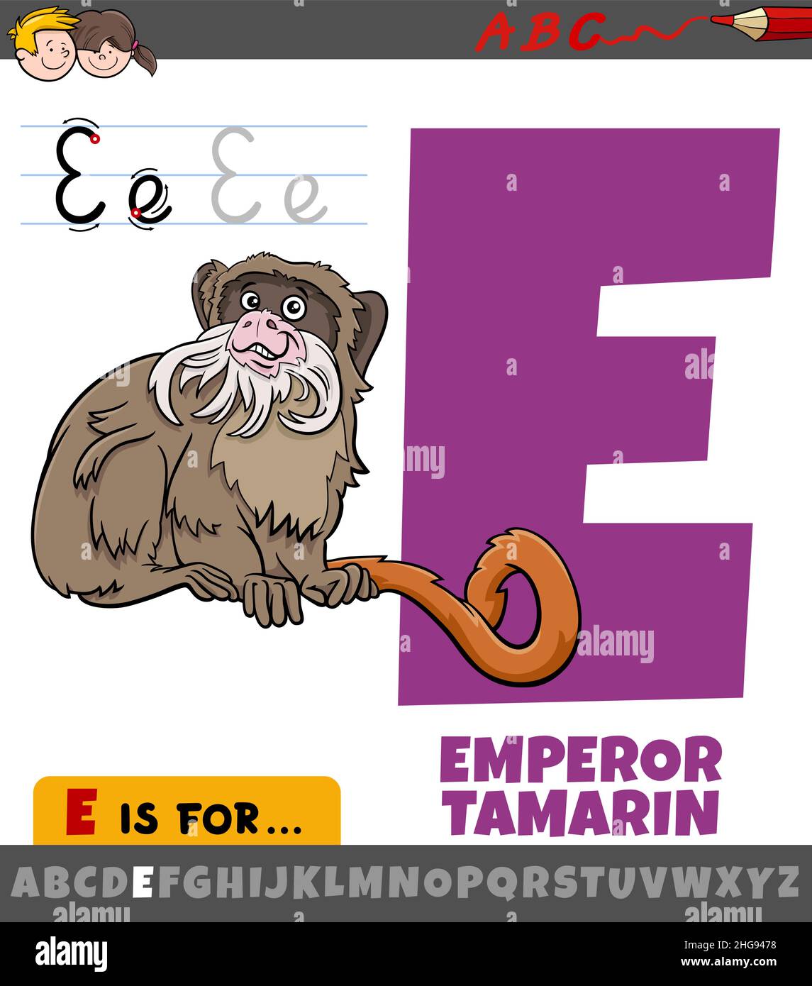 Educational cartoon illustration of letter E from alphabet with emperor ...