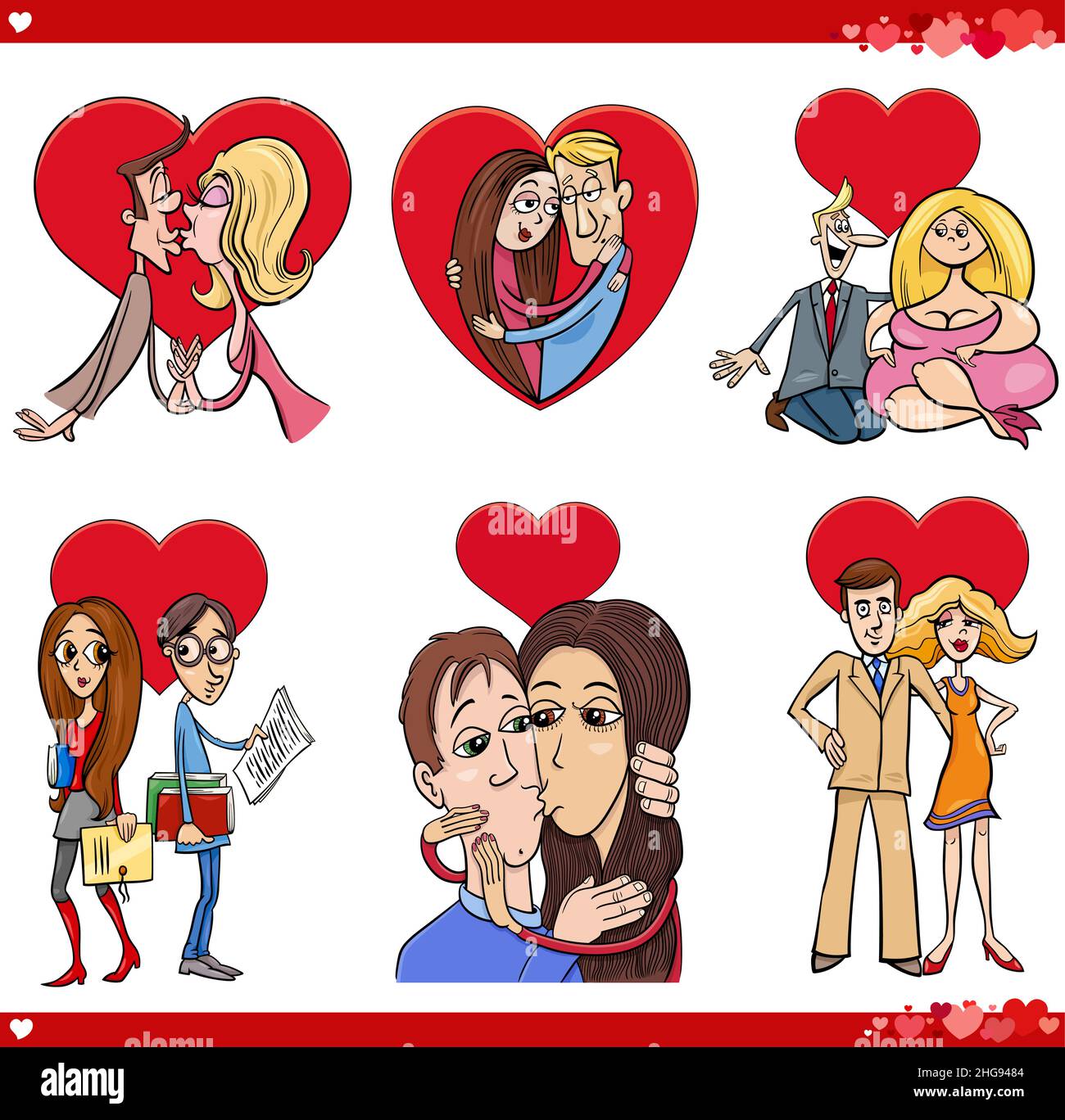 Cartoon illustration of couples in love on Valentines Day comic set ...