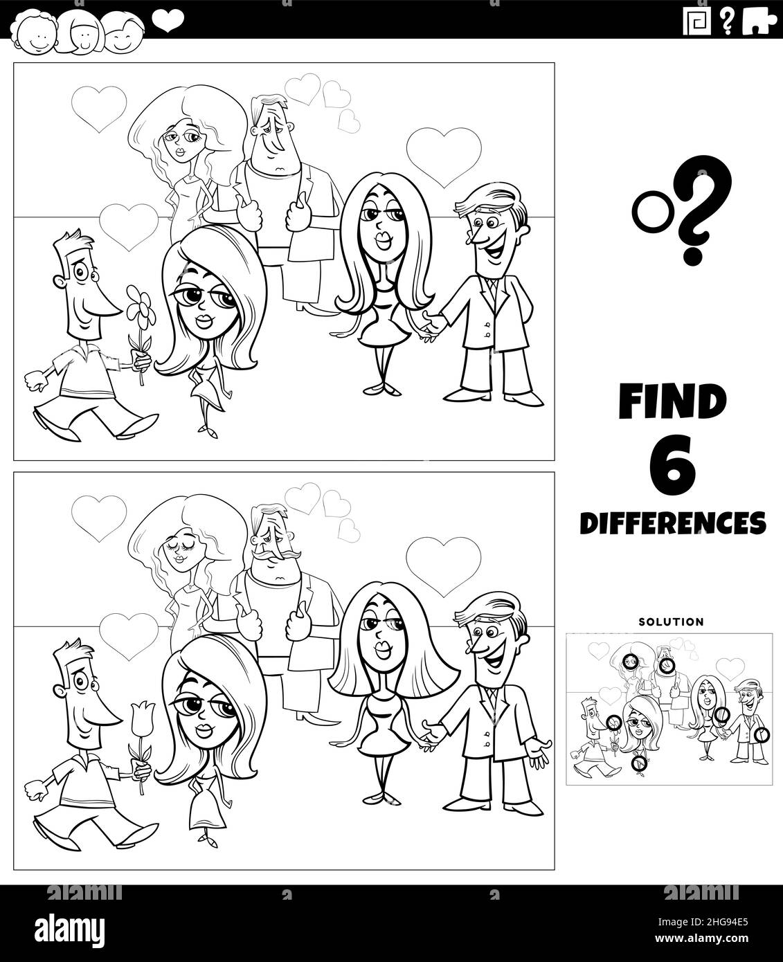 Black and white cartoon illustration of finding differences between ...