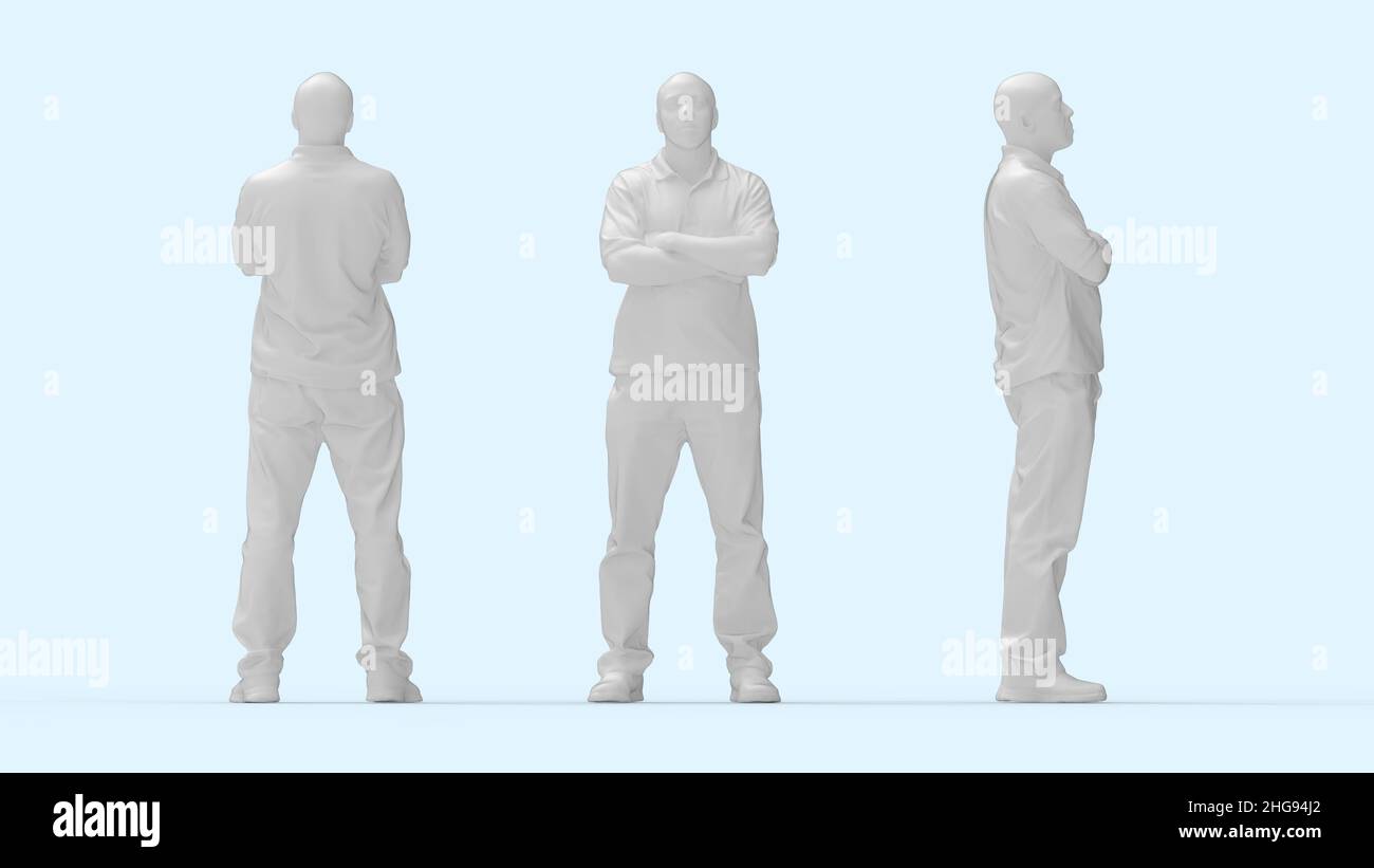 3D rendering of a casual man front side and back view. Arms crossed ...