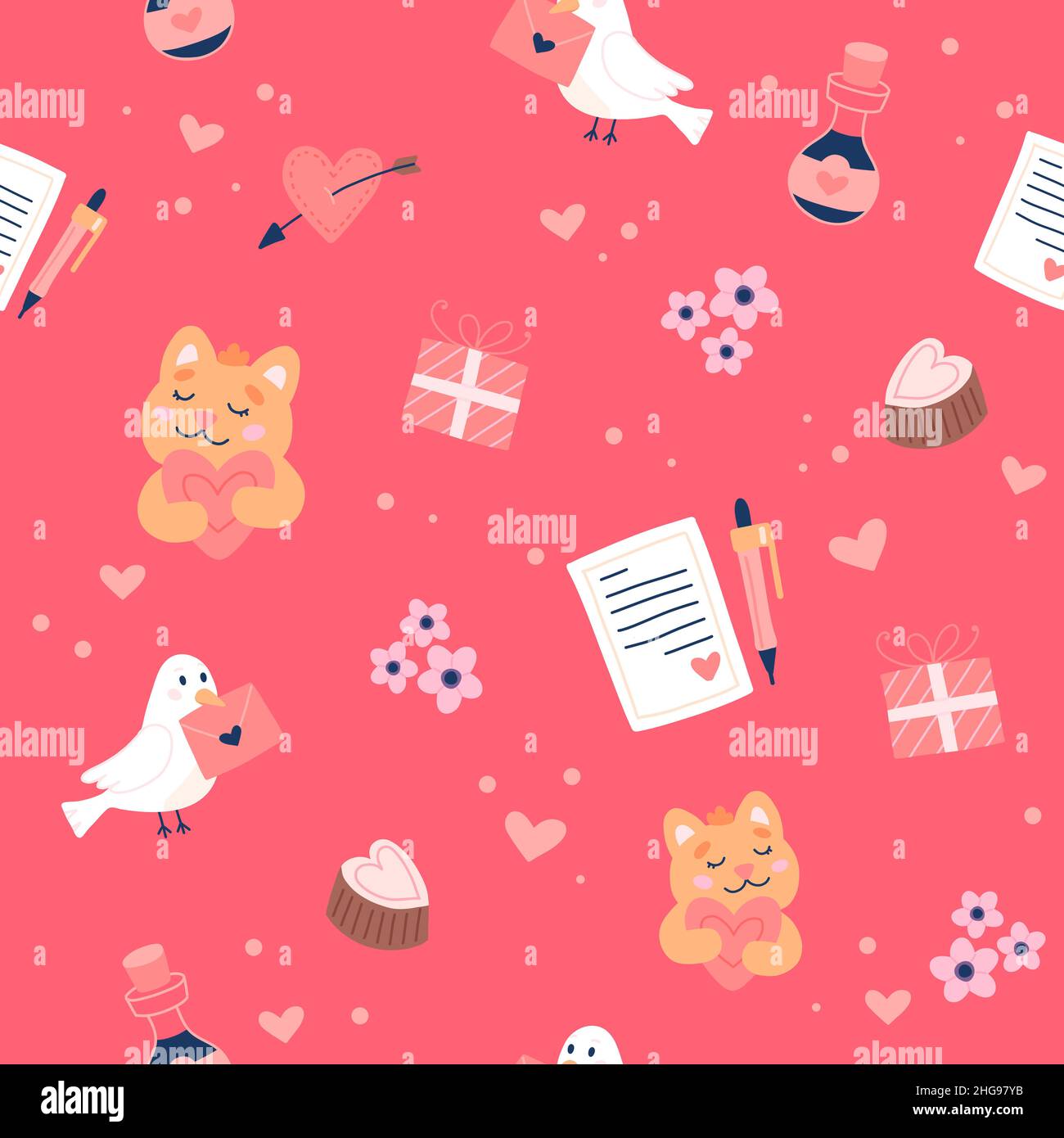 Valentine s day pattern with cute doves, cats and love letters. Hand ...