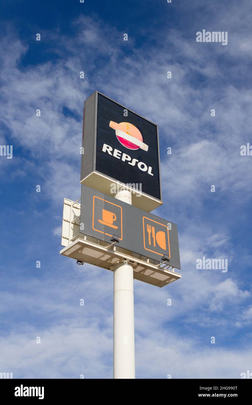 January, 2022. Valencia. Spain. Sign of the Repsol commercial brand, of ...