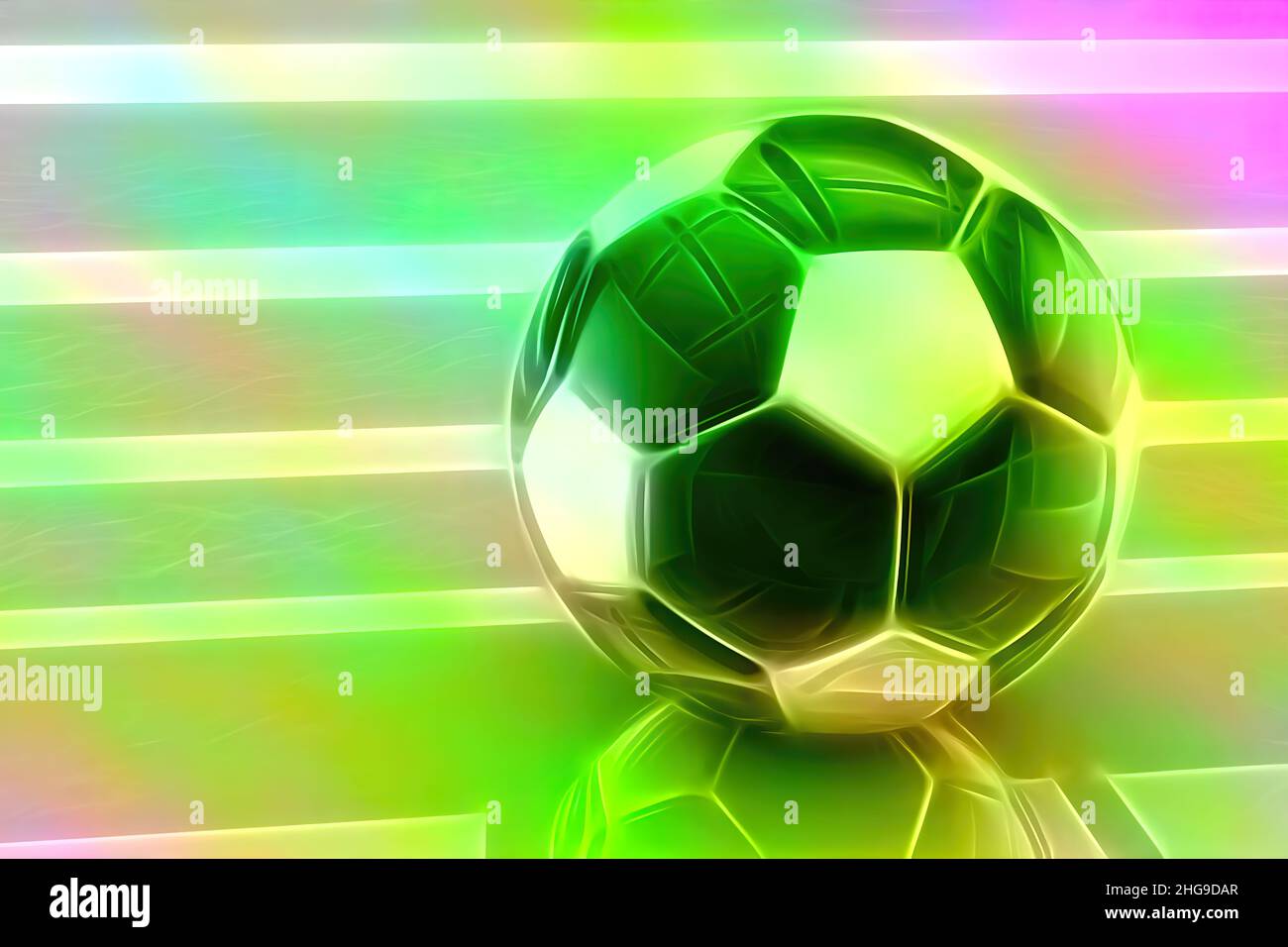 Stylized 3D soccer ball in a bright multi-colored neon glow with a ...