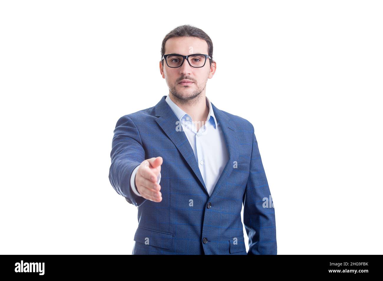 Confident businessman stretching hand for handshake greeting isolated ...