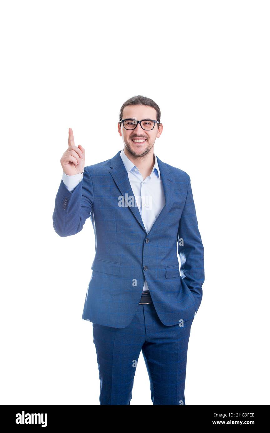 Confident businessman pointing up forefinger smiling isolated on white ...
