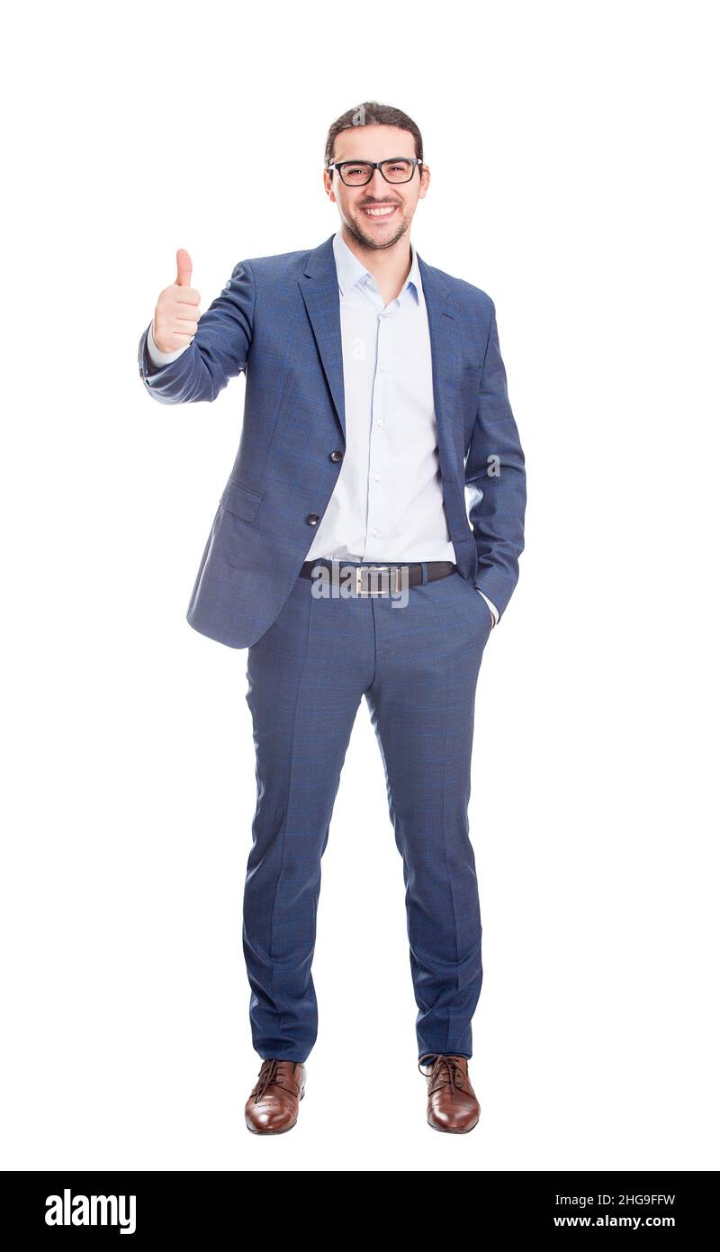 Full length portrait, cheerful businessman smiling broadly showing ...
