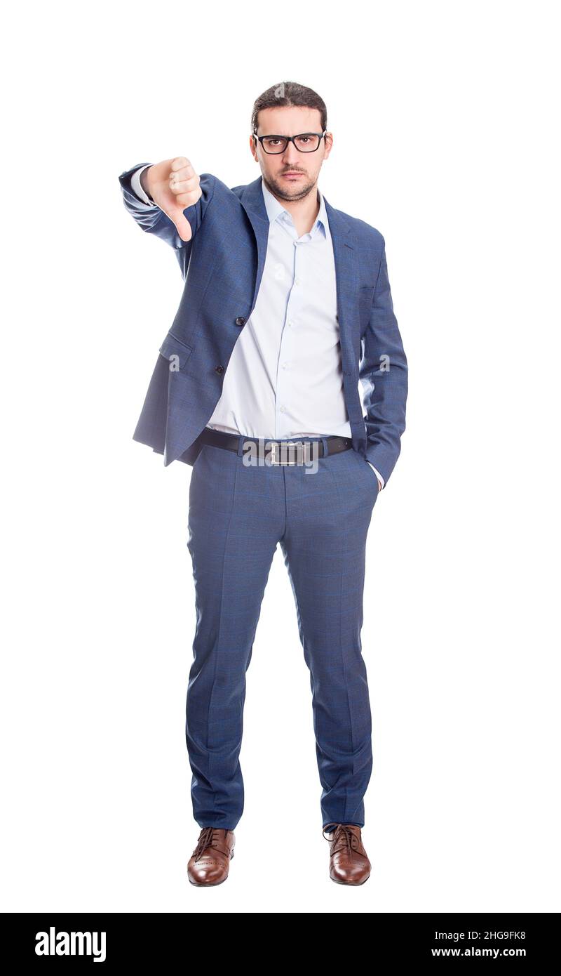 Full length portrait, discontent businessman looks angry showing thumb ...