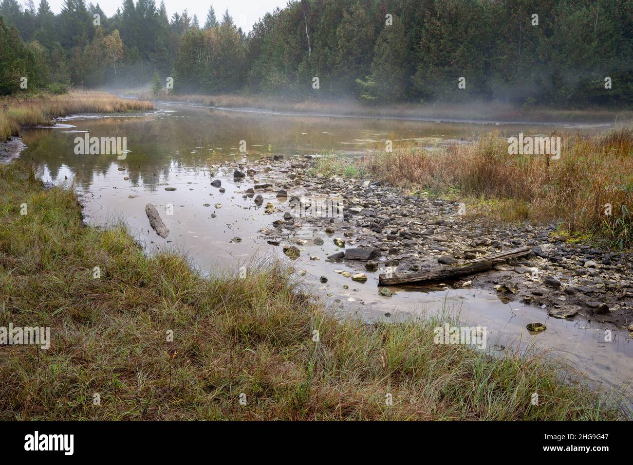 An early morning fog/mist over the water on a Door County land trust I ...