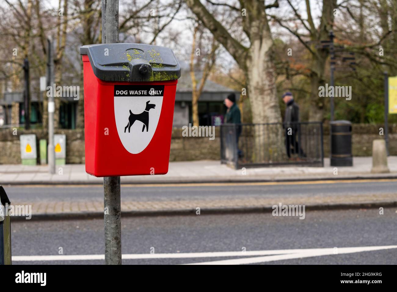 red plastic dog waste container placed on the pedestrian walkway Stock ...