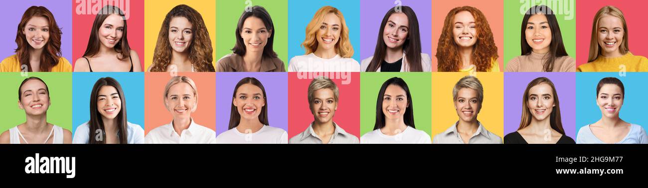 Positive multiethnic women cheerfully smiling on colorful backgrounds ...