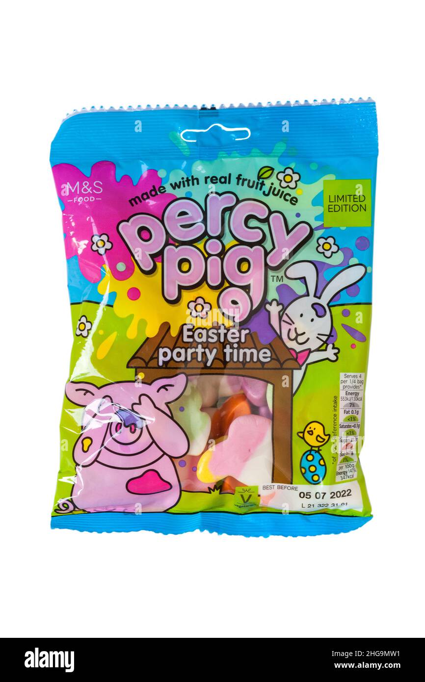 Bag of Limited Edition Marks & Spencer percy pig Easter party time sweets isolated on white ...