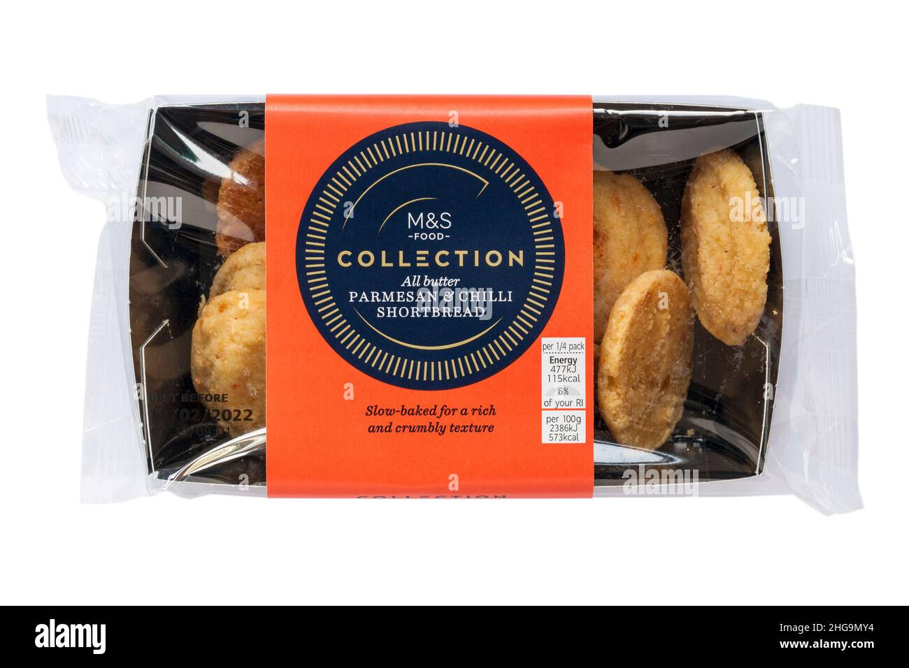 Packet of M&S all butter Parmesan & Chilli Shortbread biscuits isolated ...