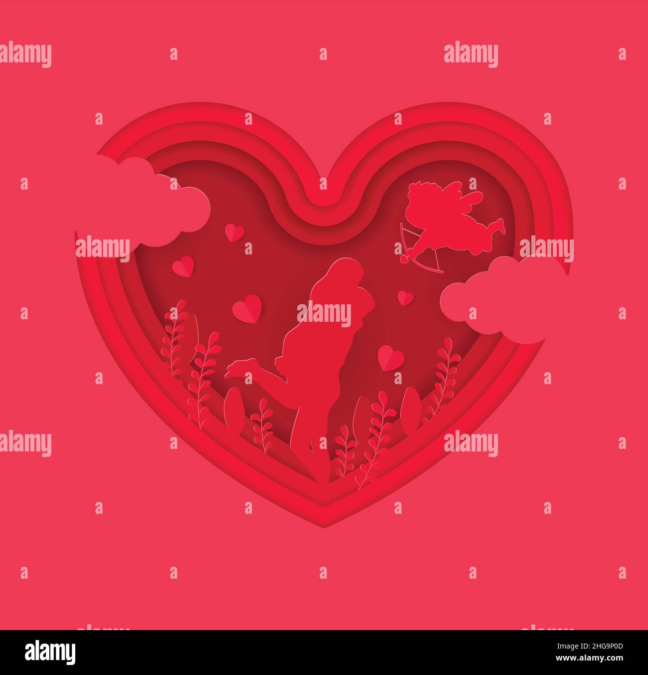 Red heart paper cut style vector illustration. Origami clouds, hearts ...