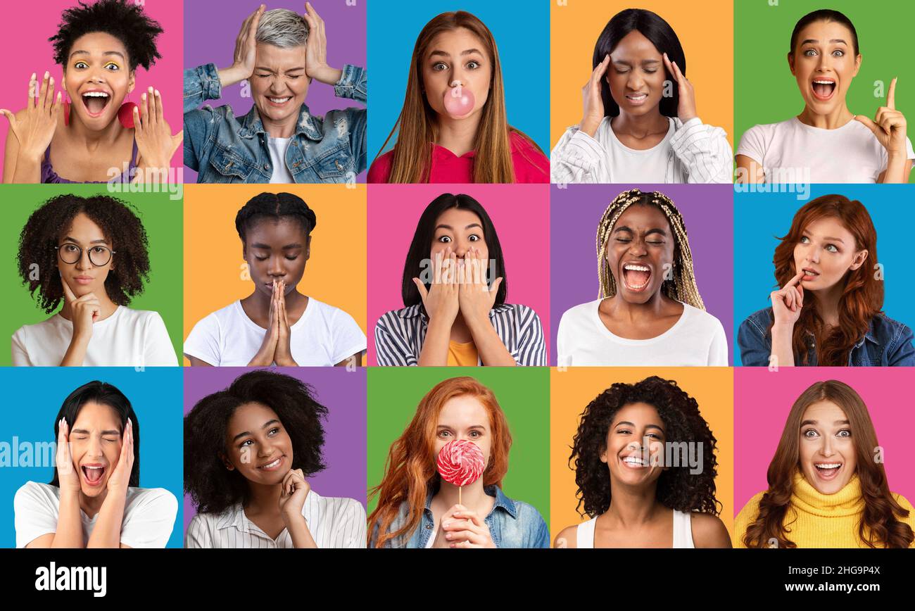 Collage set of diverse ladies expressing different emotions Stock Photo ...