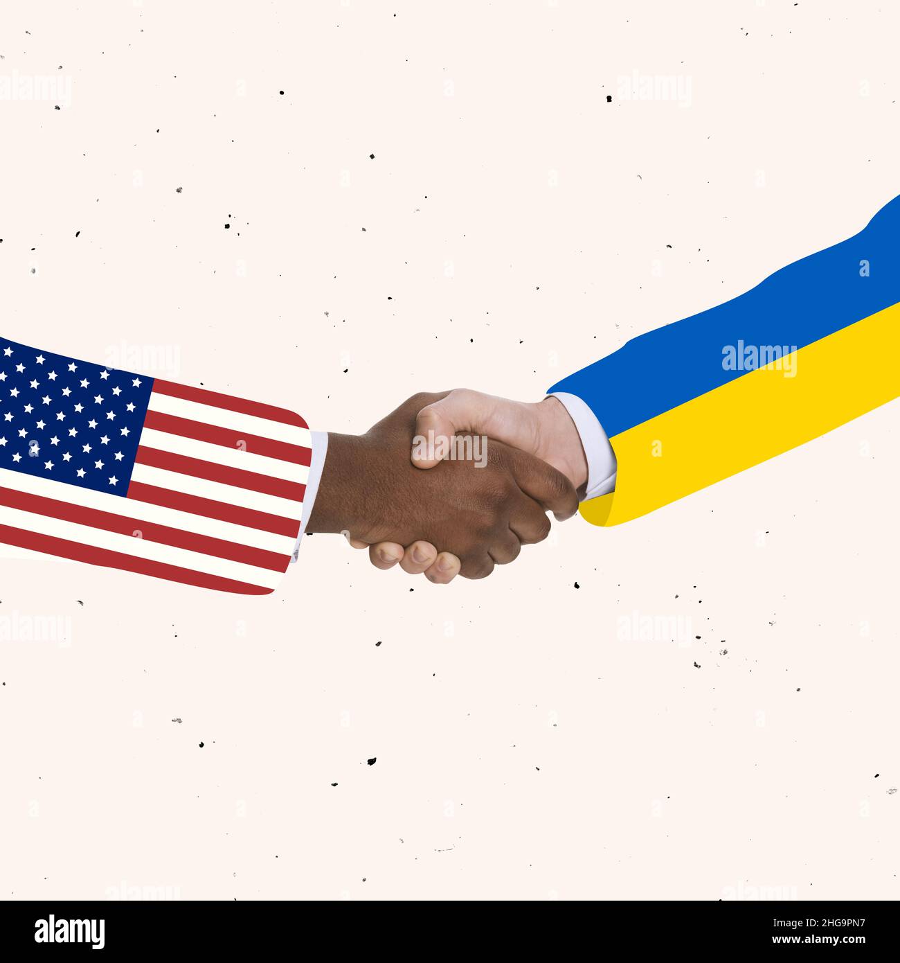Contemporary art collage. Two hands with american and ukrainian flags ...