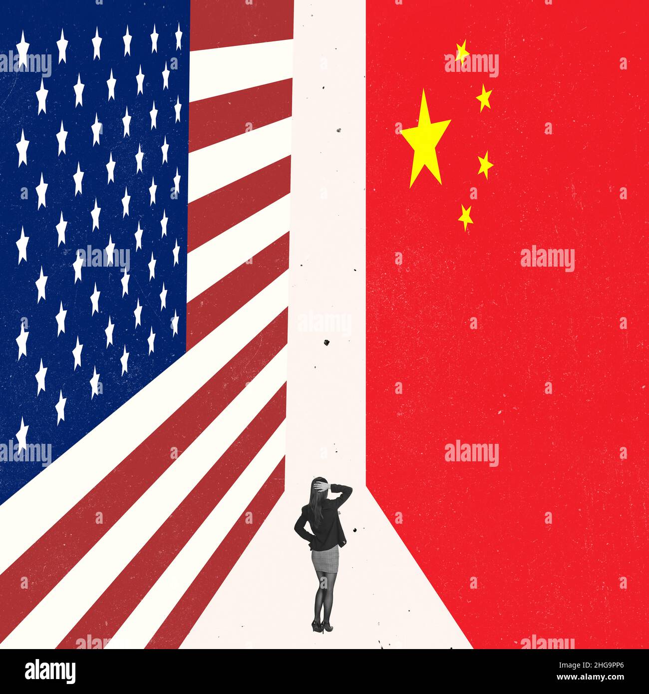 Contemporary art collage. Woman standing between two flags, american ...
