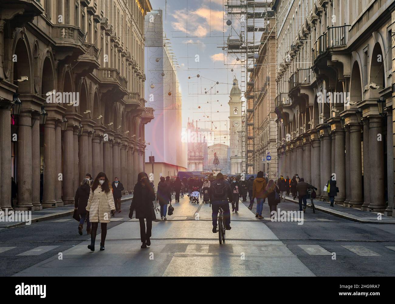 Backlight view of Via Roma street in the historic centre of Turin with ...