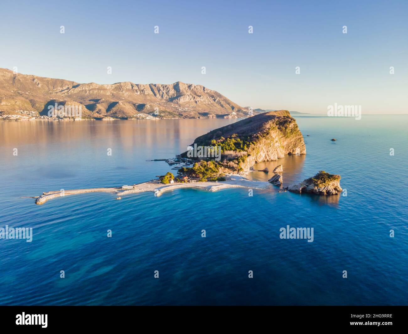 Aerial view of Sveti Nikola, Budva island, Montenegro. Hawaii beach ...